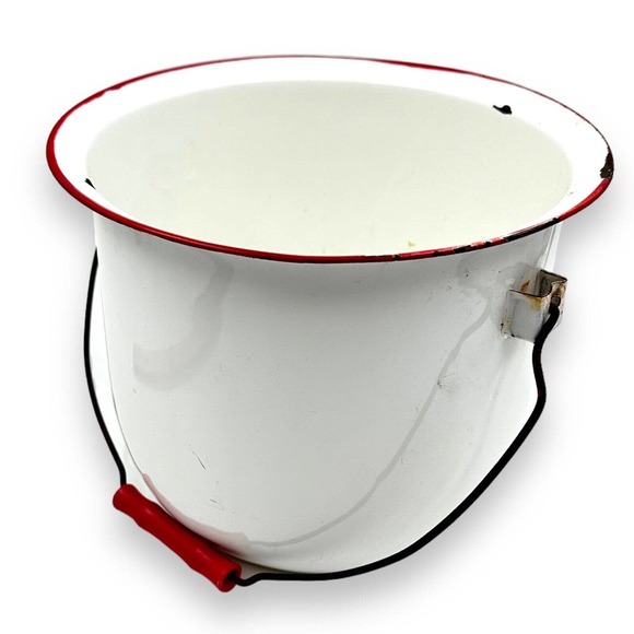 Unbranded | Accents | Vintage Retro Enamelware White Red Enamel Pot ...
